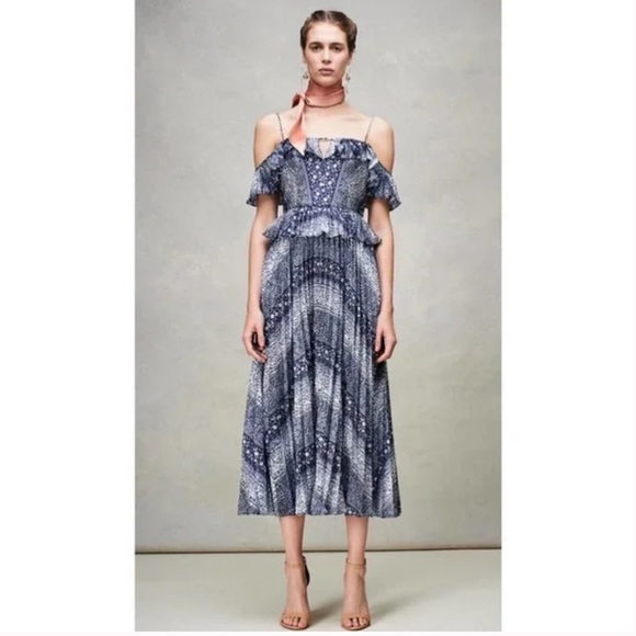 AMUR | Dresses | New Amur Pleated Dress Blue Print Silky Satiny Ruffle ...